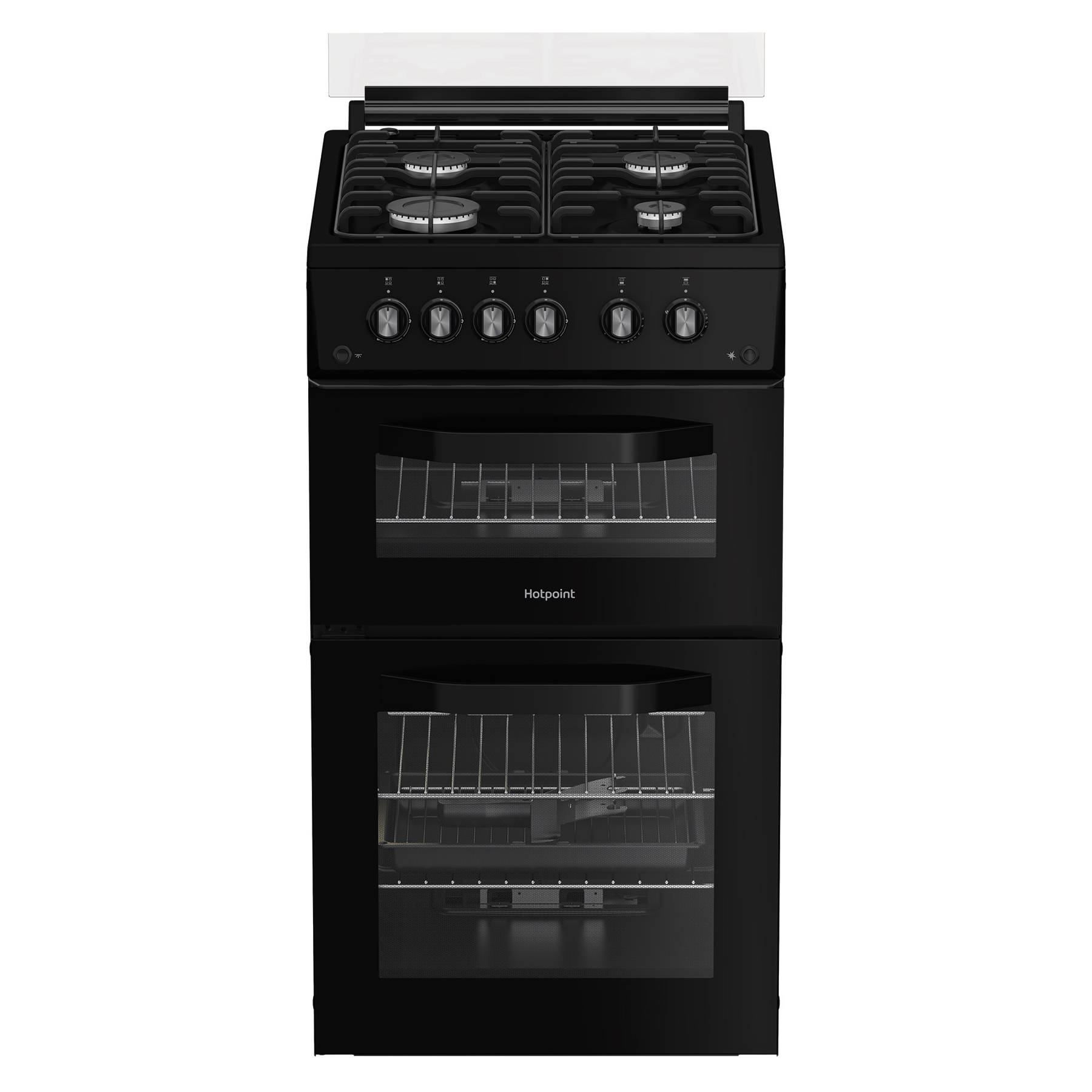 Hotpoint HDG5GCB 50cm Double Oven Gas Cooker with Glass Lid in Black 59/29L